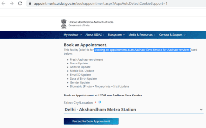 Process to book appointment for Aadhaar Sewa Kendra online