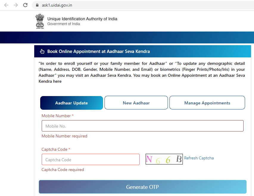 Process to book appointment for Aadhaar Sewa Kendra online