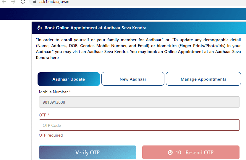 Process to book appointment for Aadhaar Sewa Kendra online